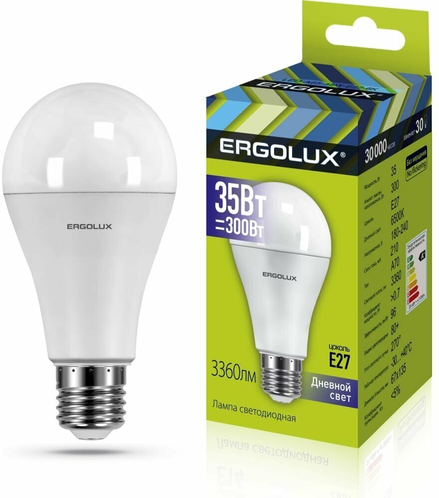 Светодиодная лампа Ergolux LED-A70-35W-E27-6K ЛОН, 35Вт, E27, 6500K, 180-240В 14232