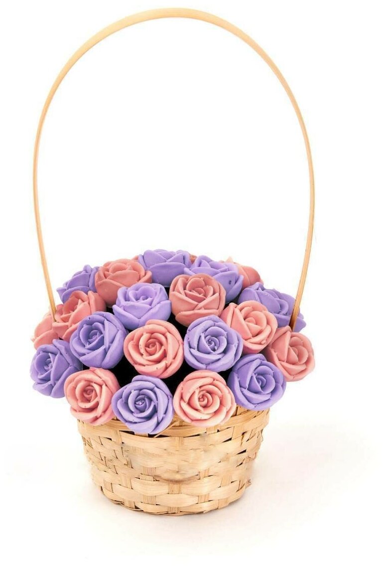 33 шоколадные розы последний звонок CHOCO SFERA в корзинке - Розовый и Фиолетовый микс из Бельгийского шоколада, 396 гр. K33-RF