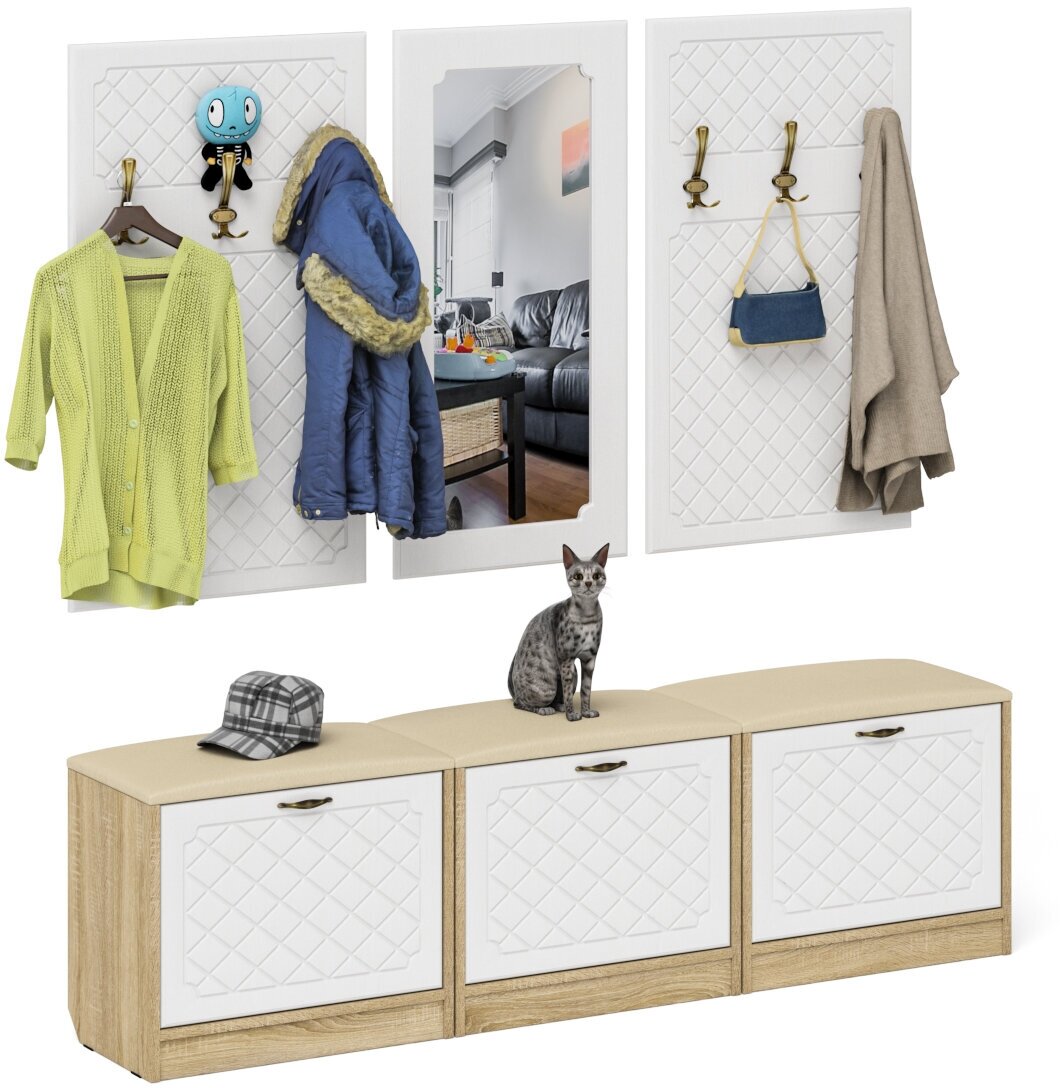 Три обувницы с вешалками и зеркалом П-6, цвет дуб сонома/фасады МДФ белое дерево фрезеровка ромб, ШхГхВ 180х35х200 см.