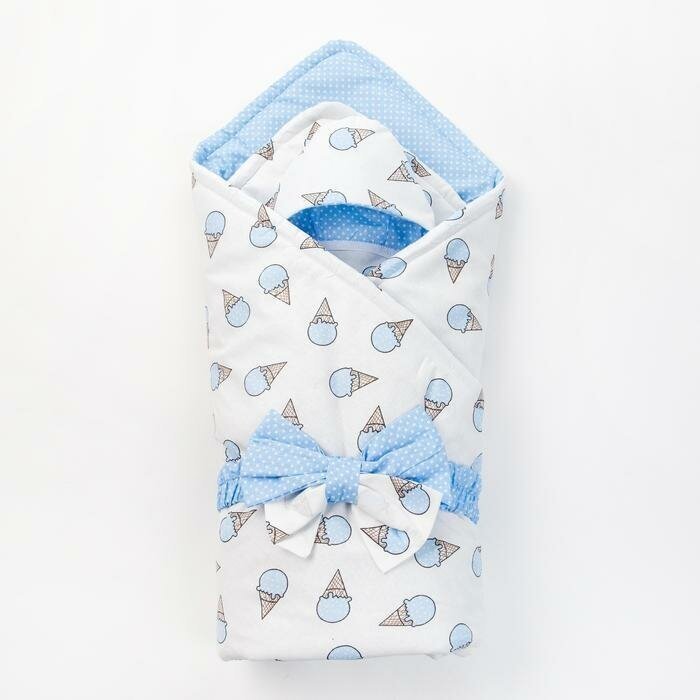 Конверт на выписку для новорожденного "Сластена", серо-голубой, одеяло, чепчик, бант, 3 предмета, бязь