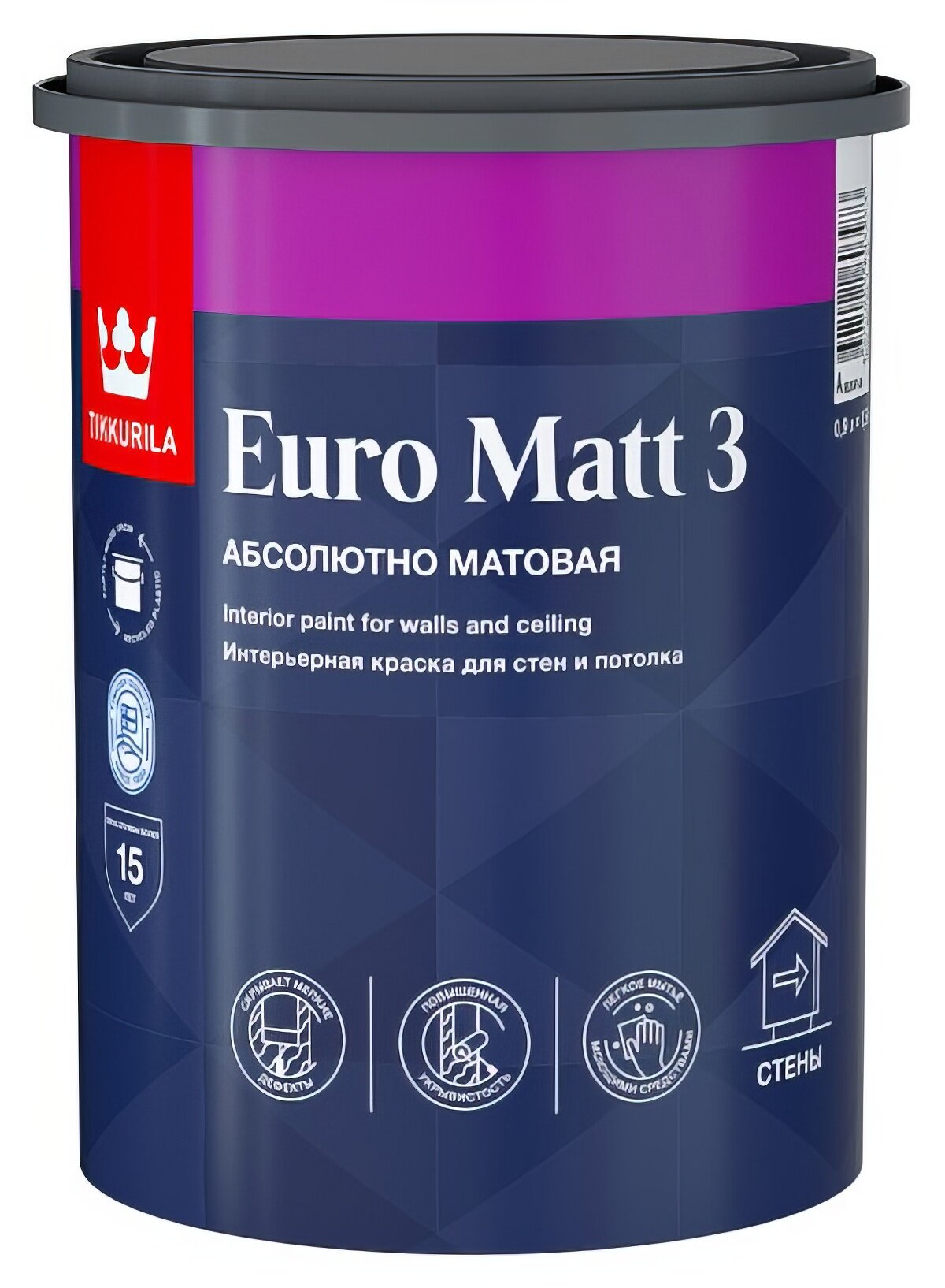 Краска в/д TIKKURILA Euro Matt 3 база A 0,9л белая