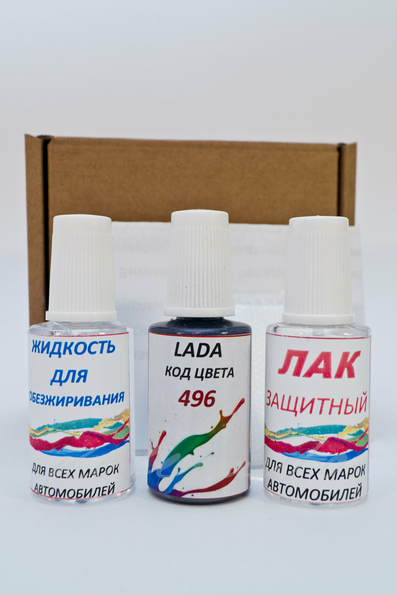 Подкраска для сколов во флаконе с кисточкой 496 для LADA Фантом, Темно-голубой, краска+лак+обезжириватель 3 предмета