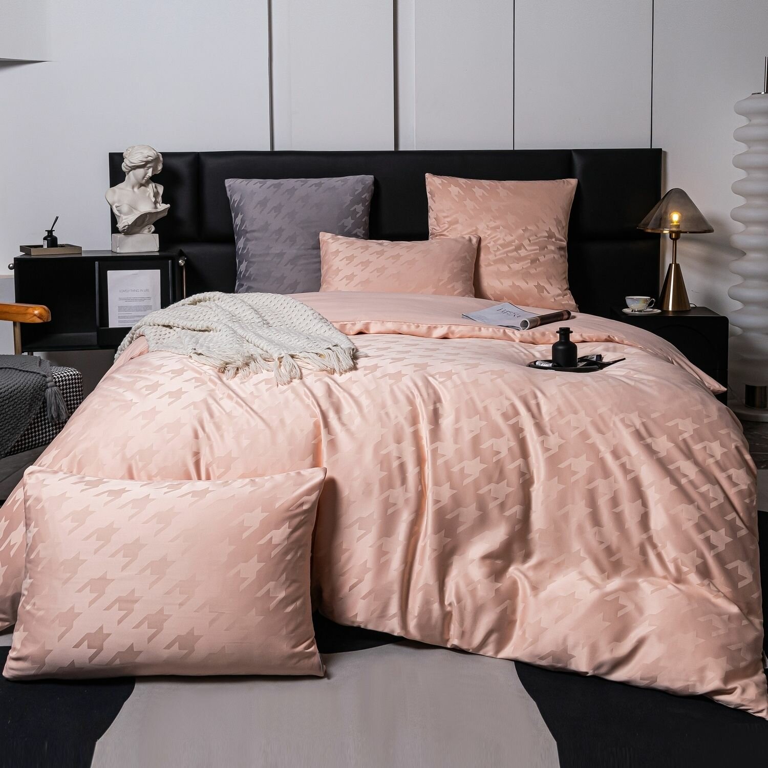 Постельное белье Евро Сатин-жаккард розовый / Комплект постельного белья на резинке 160x200 VIVA HOME TEXTILE Хлопок /наволочка 50x70