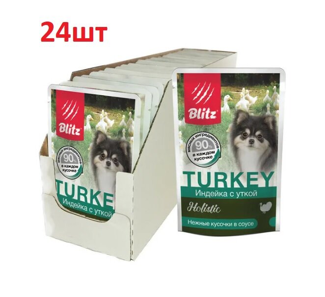 Влажный корм для собак мелких пород Blitz 85г*24шт Holistic Turkey Индейка с уткой в соусе