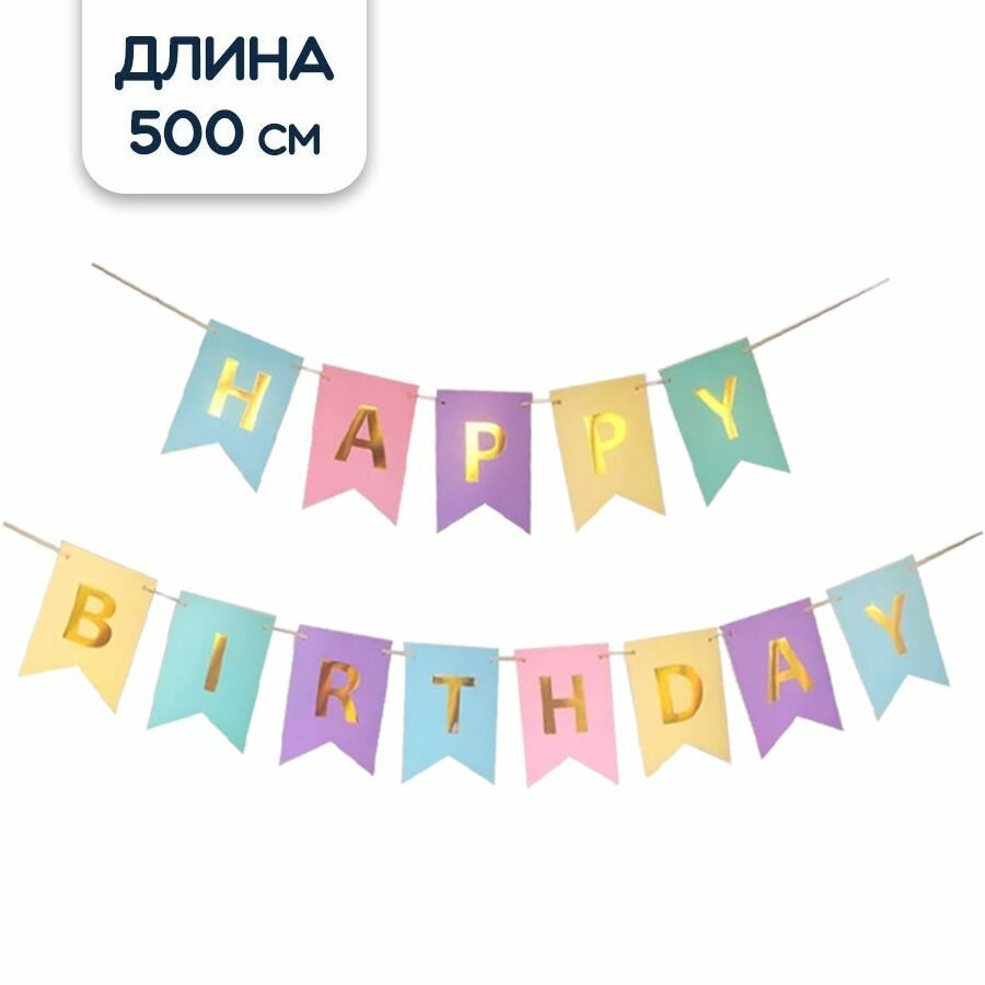 Гирлянда растяжка флажки Happy Birthday, 500 см
