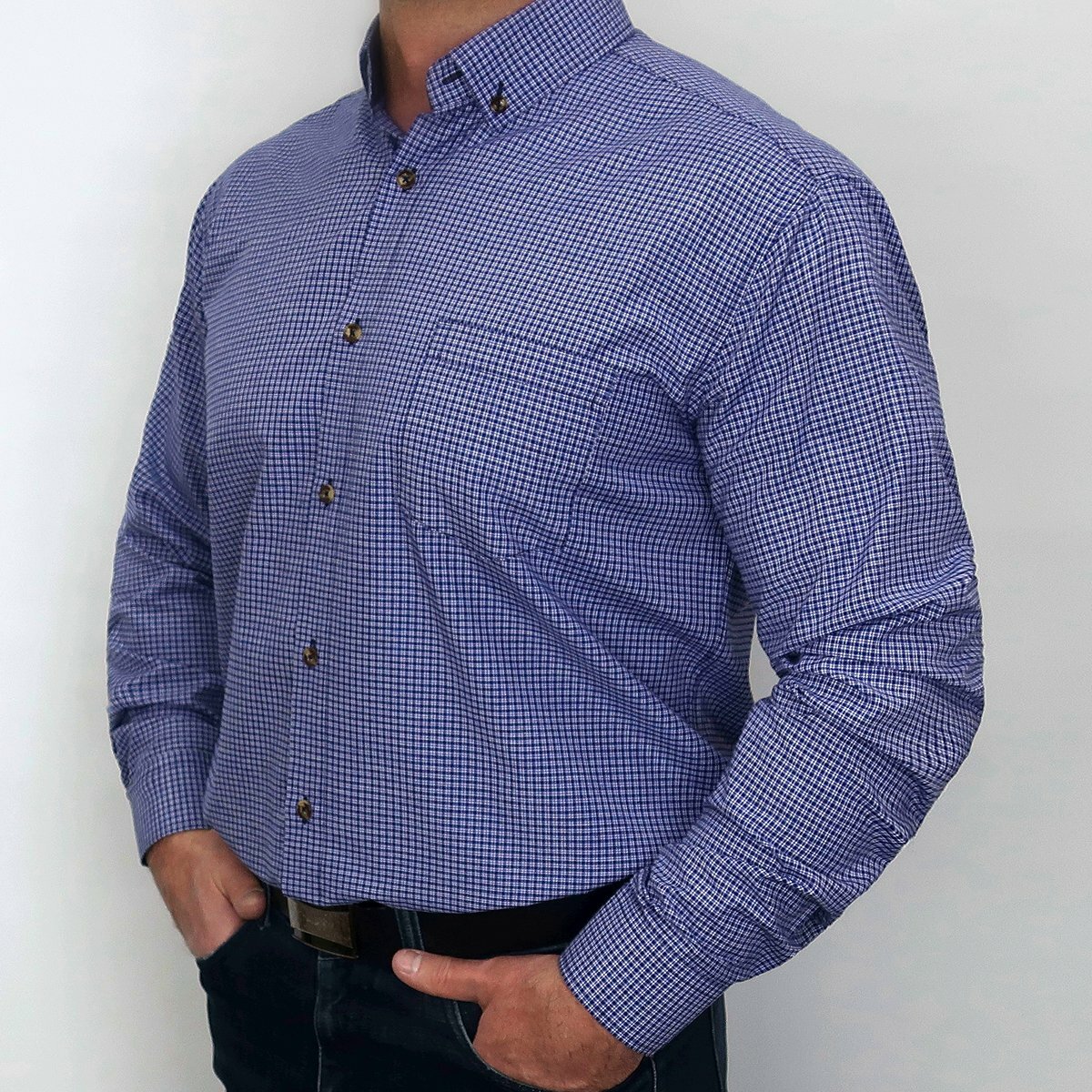 Рубашка Мужская рубашка с длинным рукавом прямая классическая, светлая сорочка на пуговицах, рубаха на любой сезон, голубая с синим клетка, с карманом, на любой сезон и на лето рубашка