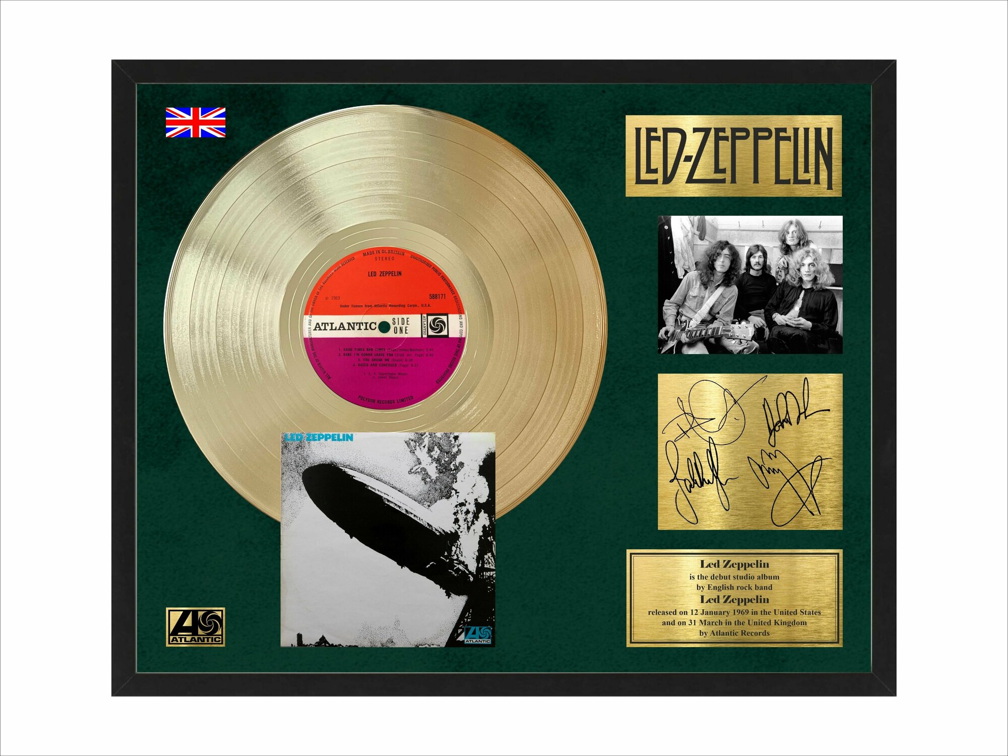 Led Zeppelin золотой винил в рамке и автографы музыкантов