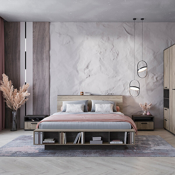 Кровать двуспальная 180х200 Эдинбург 184х95,4х227 см, дуб крафт серый/железный камень