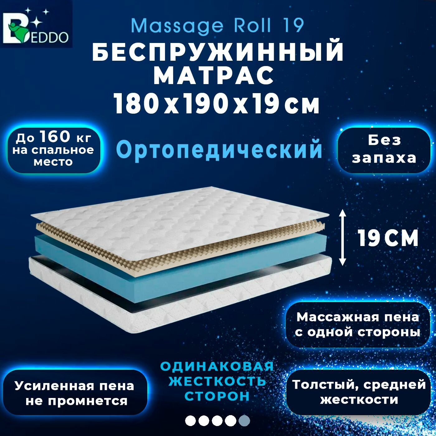 Матрас 180х190x19 беспружинный ортопедический с массажной пеной, двусторонний, в рулоне BEDDO Massage Roll 19
