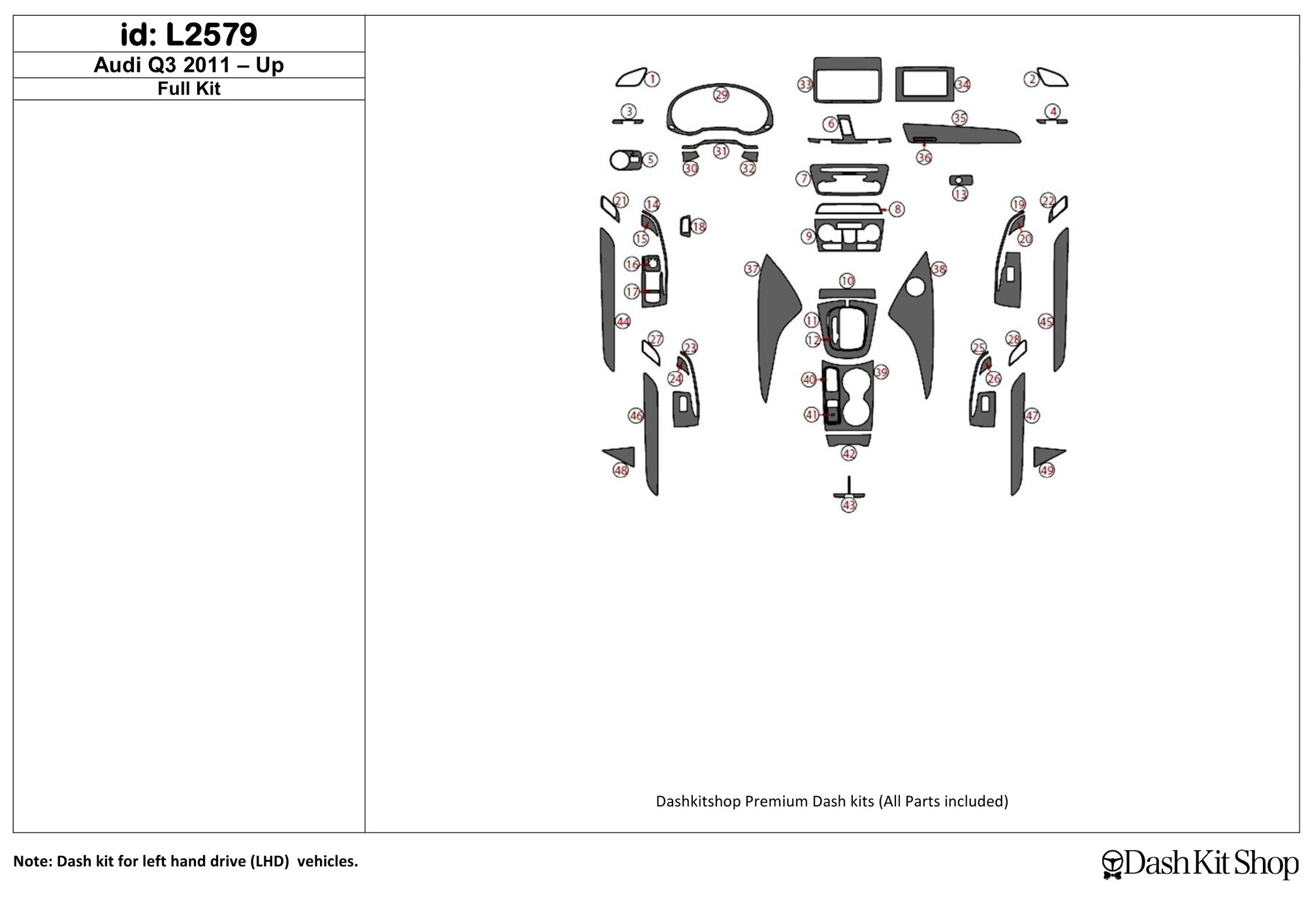 Накладки салона под дерево, карбон, алюминий для Audi Q3 2011-Up. Комплект L2579.