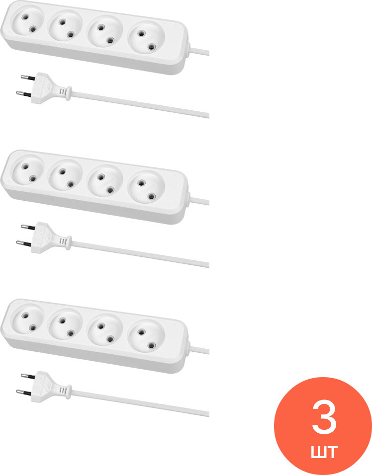 Удлинитель бытовой TDM Electric / ТДМ Электрик У-42016 Народный без заземления, 10А 2300Вт ПВС 3х0.75, 1.5 метра 4 розетки, белый, SQ1303-1315 (комплект из 3 шт)