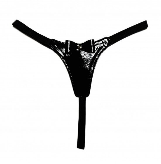Стринги из эко-кожи БДСМ Арсенал лаковые черные размер M с регулируемыми застежками