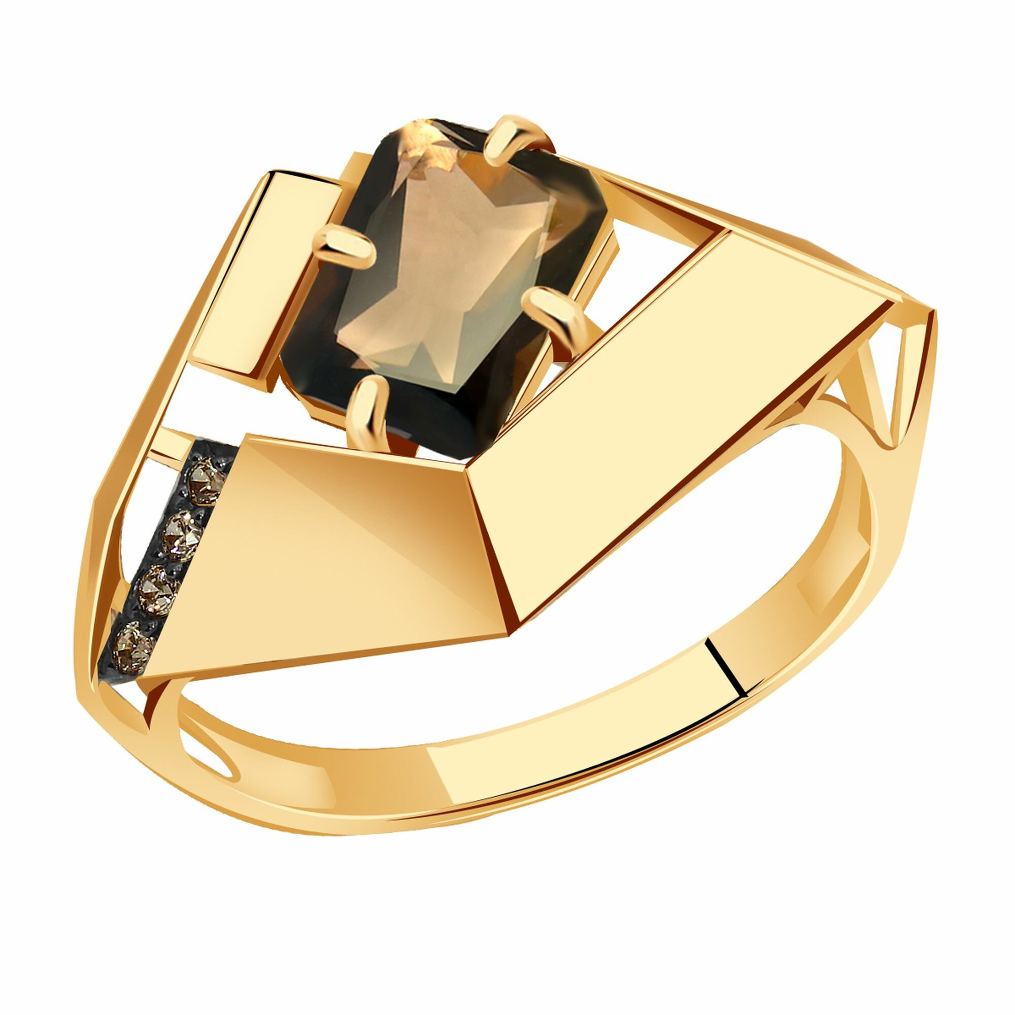 Кольцо, красное золото, 585 проба, раухтопаз, фианит