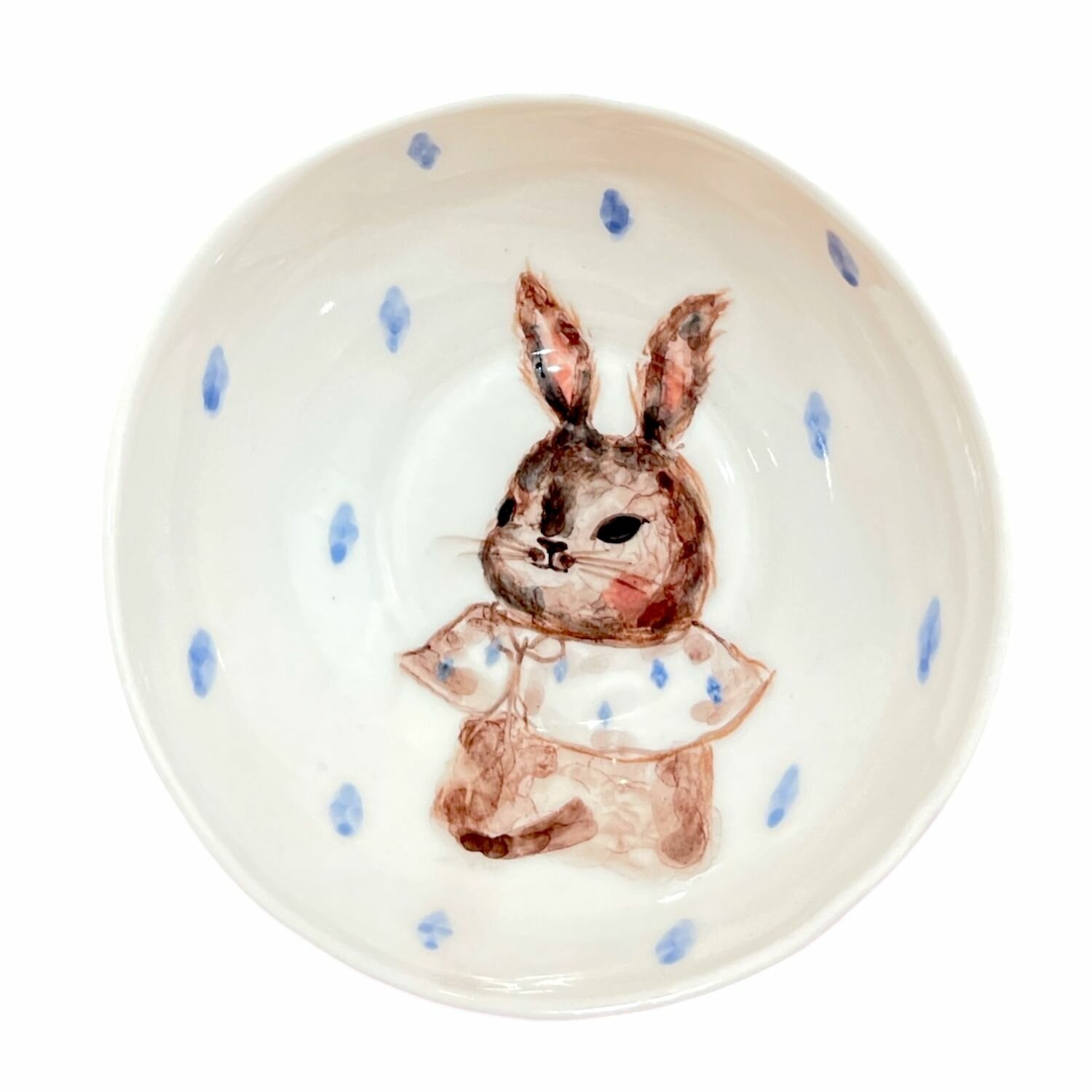 Пиала ручной работы с росписью внутри Зайка с воротником, белая, фарфор, 10 см