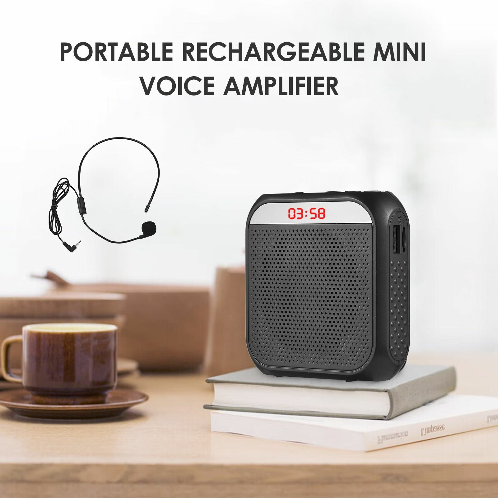 Усилитель звука, портативный перезаряжаемый мини-усилитель голоса, светодиодный дисплей с функцией записи микрофона, проводной головной микрофон и поясной ремень для обучения пению, презентации