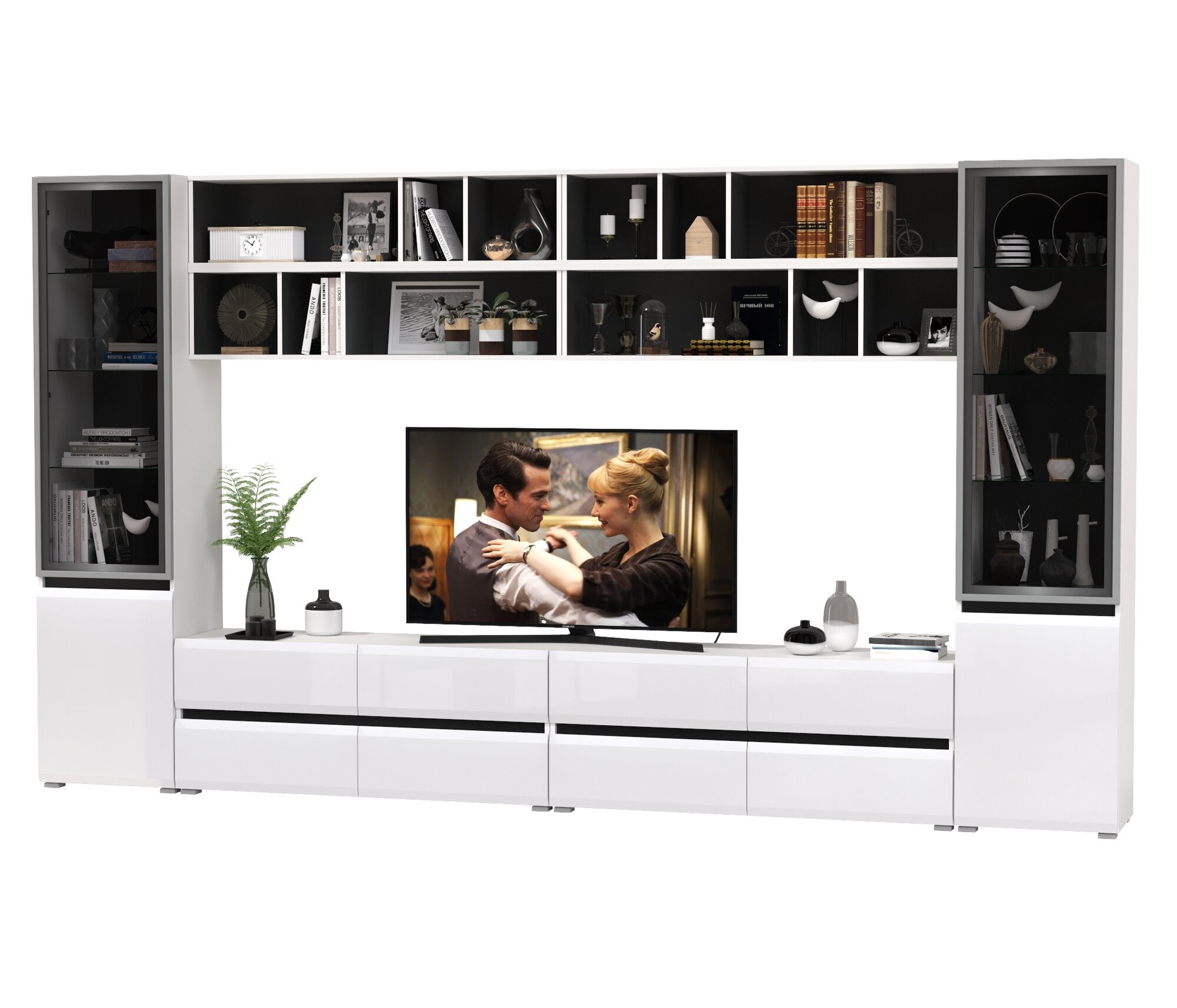 Комплектация в гостиную Моби Сидней № 95, цвет белый/чёрный/МДФ белый глянец, 360х41,3х205,2 см.