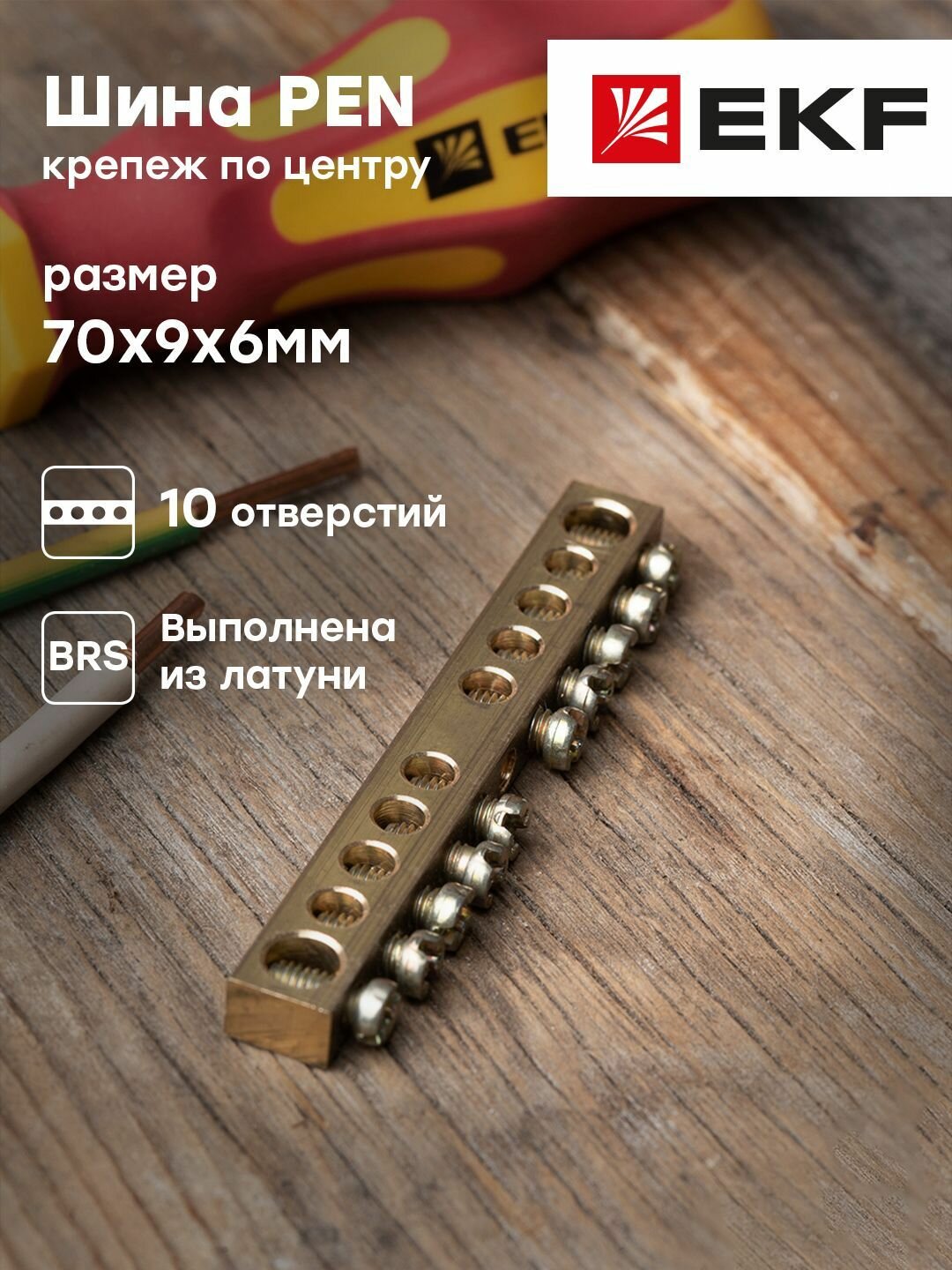 Шина PEN "ноль-земля" (6х9мм) 10 отверстий латунь крепеж по центру розничный стикер EKF PROxima - 1 шт