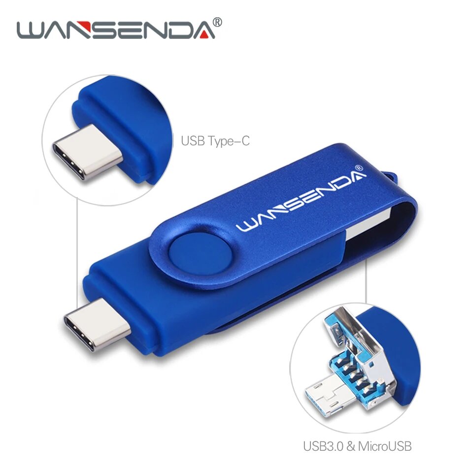 WANSENDA USB флешка 3 в 1 512/256/64/32 ГБ 256 ГБ, Navy Blue
