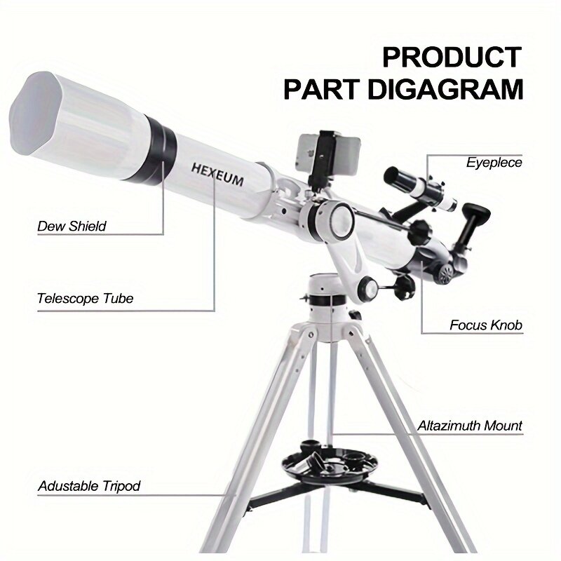 Телескоп HEXEUM с цифровым окуляром — астрономический рефракторный телескоп с апертурой 90 мм и фокусным расстоянием 900 мм. Идеально подходит для начинающих