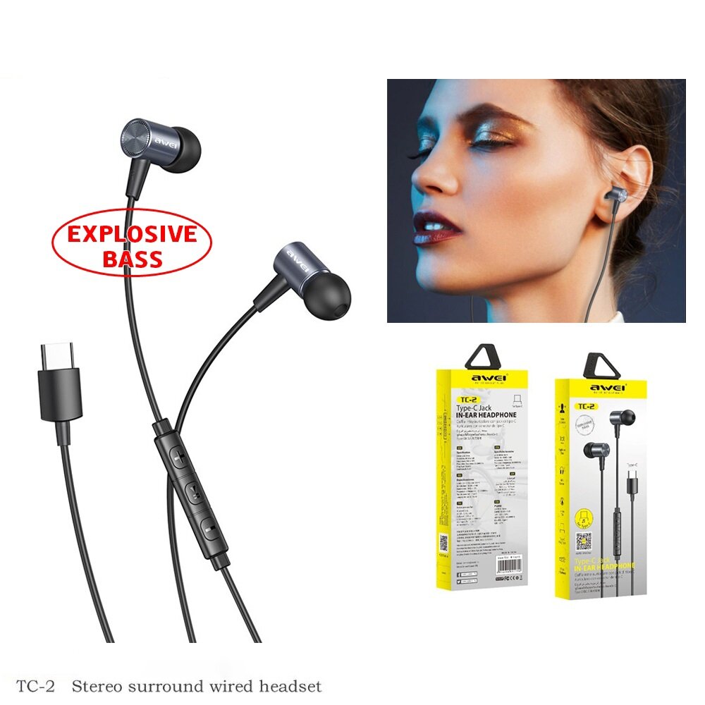 Наушники проводные магнитные AWEI TC-2 in-EAR Headphone, c разъемом TYPE-C, 120 см, Серый+Черный