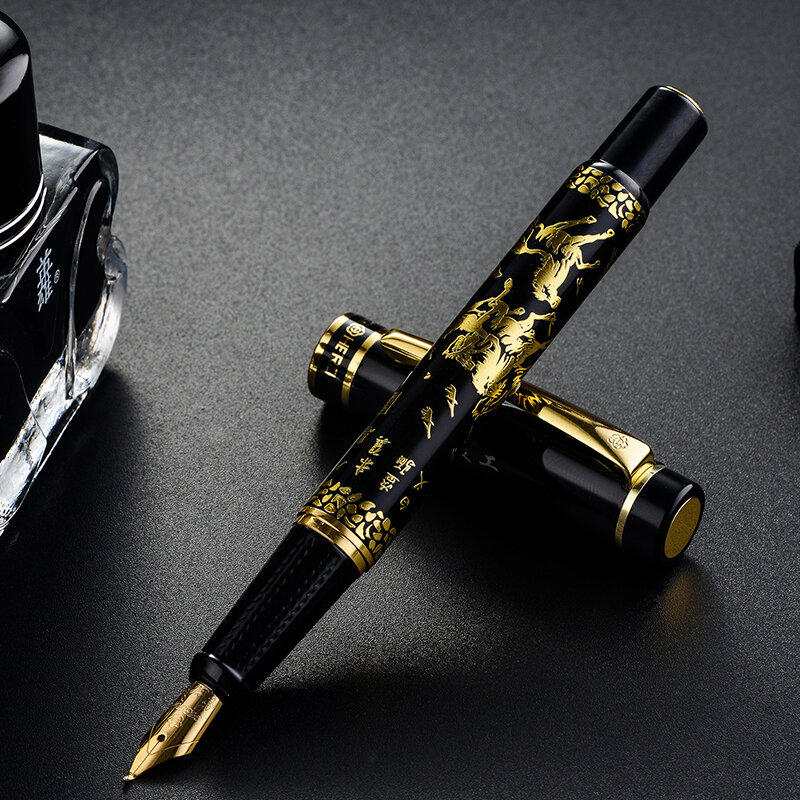 【Christmas Gift】HERO Black Eight Horses Painting Art Fountain Pen Fine Nib 9063
