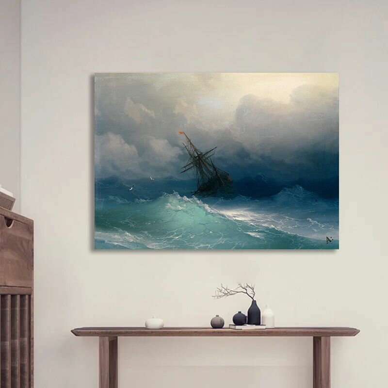 Репродукция, Русская картина на холсте Айвазовский "Шторм", 50х70 см.