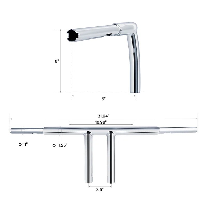 Мотоциклетный руль 6/8/10 дюймов Rise T Bar для Harley FLST FXST Softail Sportster XL Dyna Street Fat Bob LowRider Белый, 8 Inch Chrome