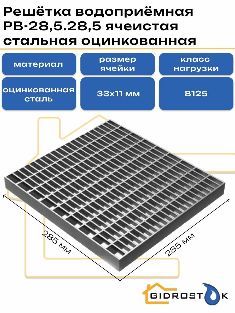 Решётка водоприёмная РВ-28,5.28,5 ячеистая стальная оцинкованная ячейка 33х11 мм класс В125