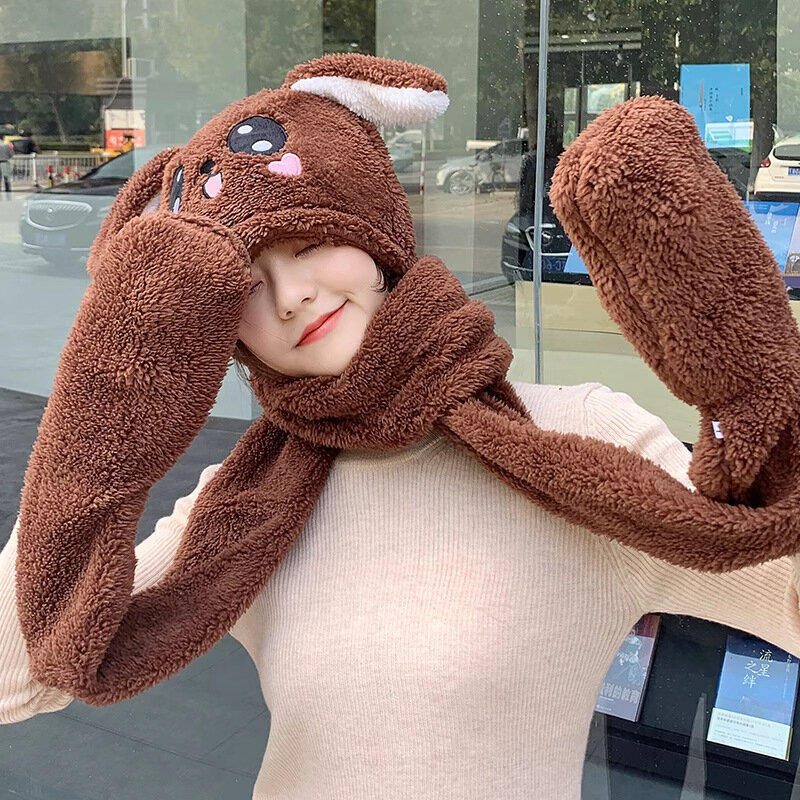 Универсальная женская шапка и шарф на осень и зиму, детская шапка, милая плюшевая шапка для защиты ушей с кроличьими ушками, которая двигается, когда вы ее зажимаете.