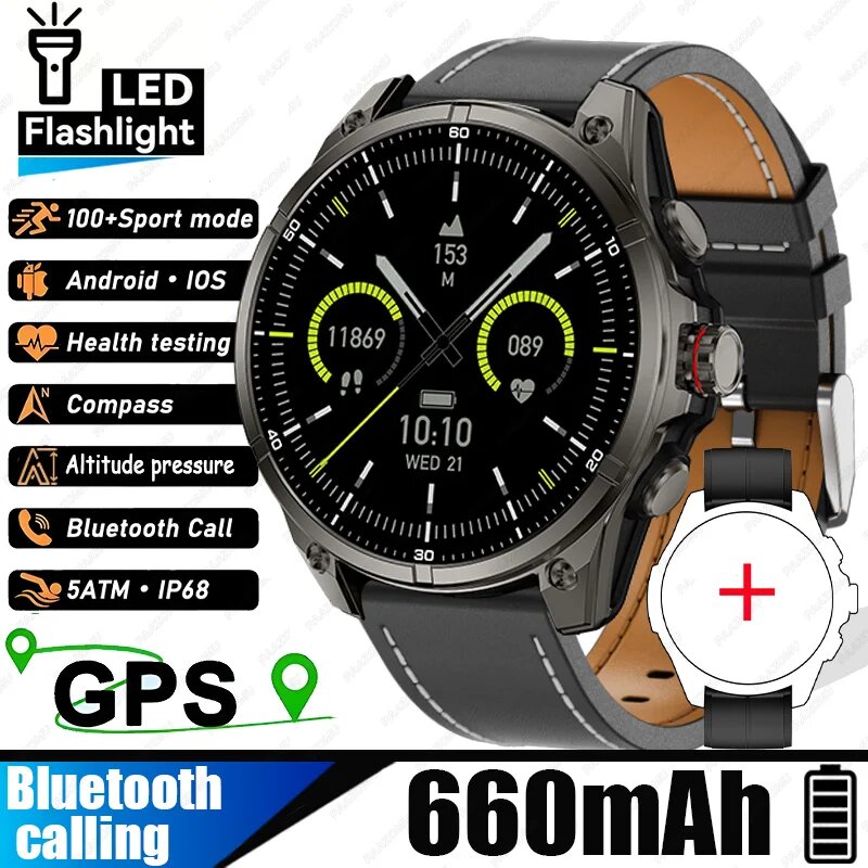 2025 New outdoors GPS Smart Watch Ultra HD AMOLED Display LED flashlight Built-in GPS BT Call 5ATM Waterproof Smart Bracelet men