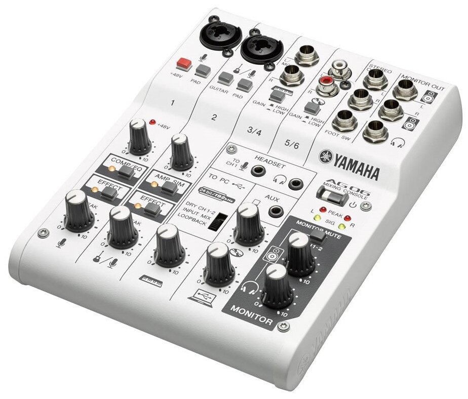 YAMAHA AG06 - микшерный пульт, 2 мик./лин. вх, 2 стер, 1 AUX, D-PRE предусилители, USB Audio, DSP
