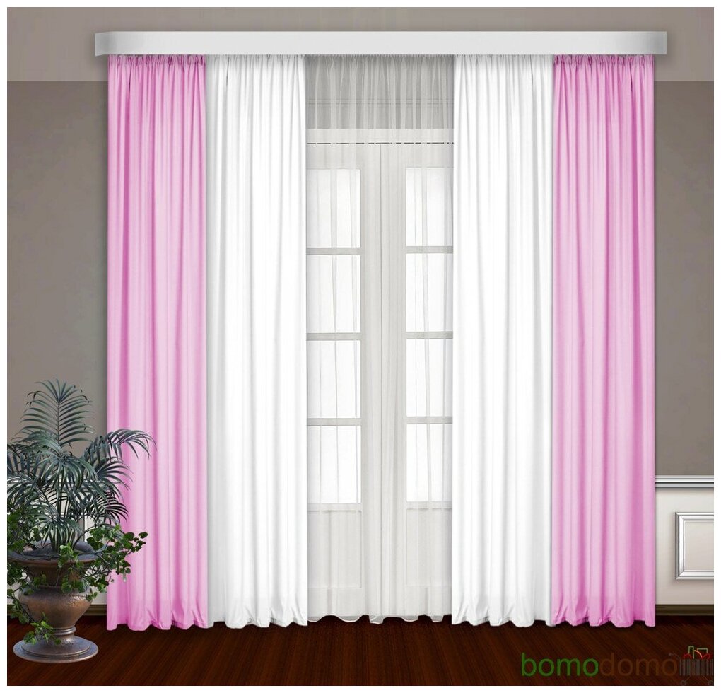 Комбинированные шторы Габриэль 145х270, 2 шт. с тюлем, белый/розовый