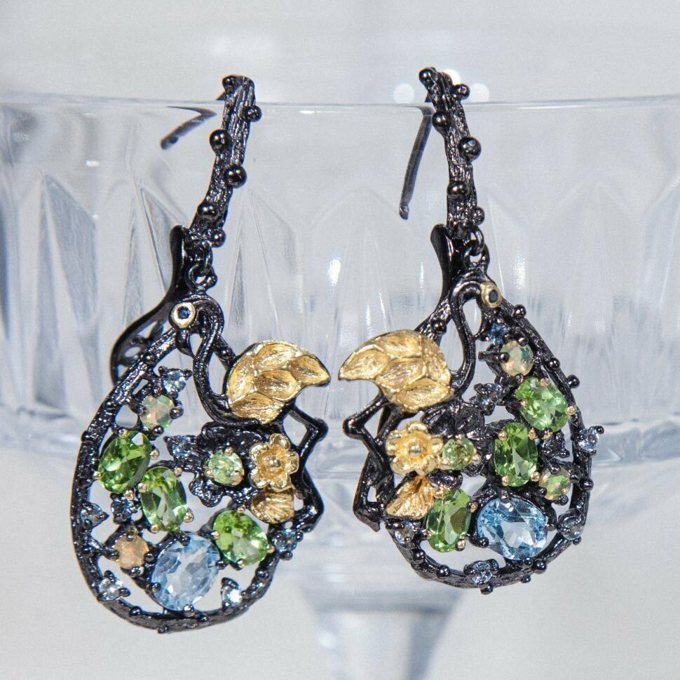 Серьги с подвесками, серебро, 925 проба, родирование, золочение, чернение, опал, топаз, перидот