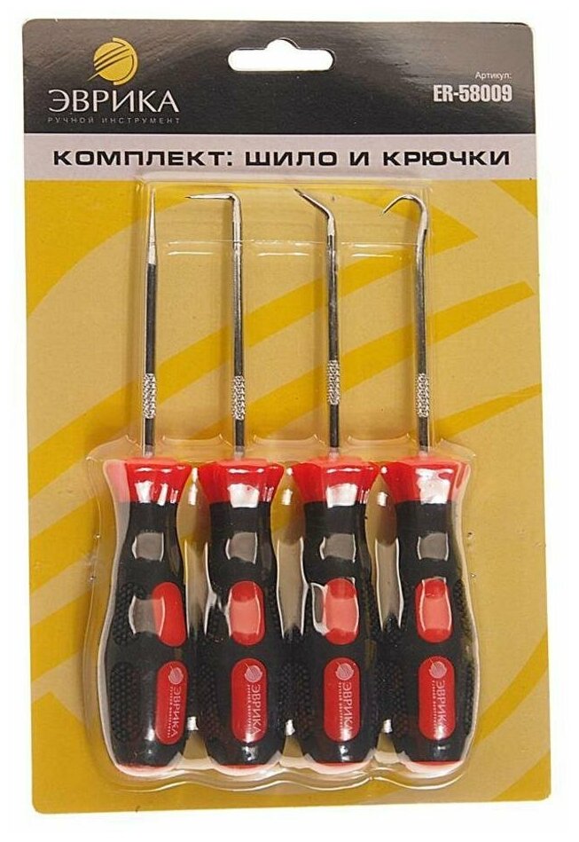 Набор инструментов 4 предмета шило, крючки (изогнутые 45°, 90°) эврика ER-58009