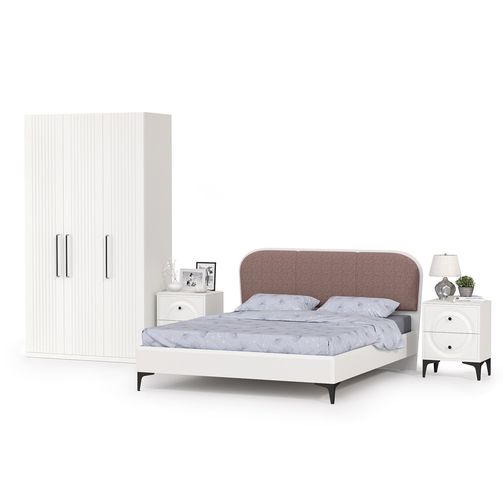 Спальня Валенсия № 34 кровать 11600 с мягкой спинкой, цвет белый шагрень