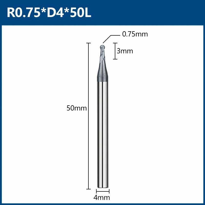 Фреза сферическая XCAN R0,75х4х3х50 мм, 1 шт, твердосплавная HRC55 Фреза по металлу для станка ЧПУ