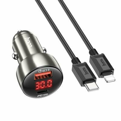 Автомобильное зарядное устройство Hoco Z50 Metall Shell, PD30W + QC 3.0, 48W + Кабель Type-C to Type-C 1 метр, Серый