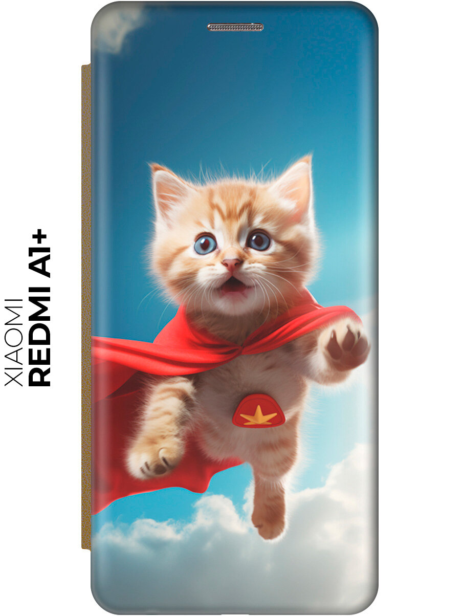 Чехол-книжка на Xiaomi Redmi A1+ / A2+ / Poco C50 / C51 / Сяоми Редми А1 Плюс / А2 Плюс / Поко С50 / С51 с рисунком "Летящий котенок" золотой
