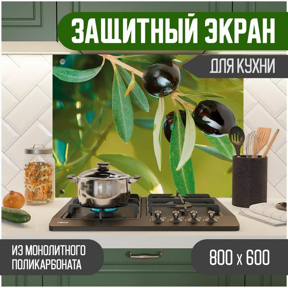 Защитный экран из акрилового стекла (поликарбонат) на кухонный фартук в зону мойки и плиты с фотопечатью. Панель на стену с рисунком Оливки 800 х 600 х 3 мм, 800-033