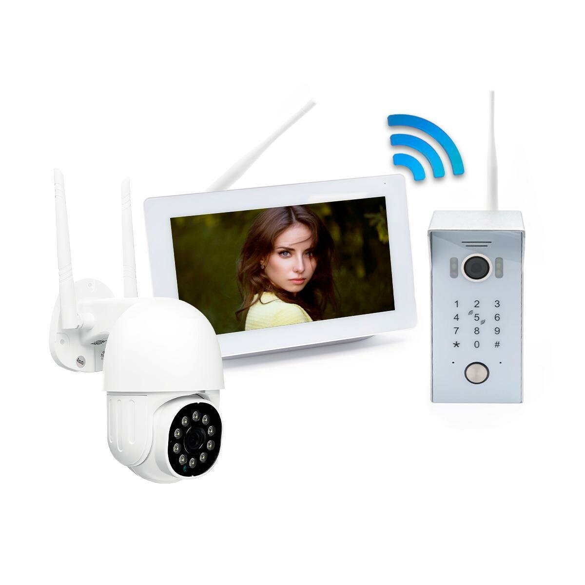 Комплект радиодомофон SkyNet-700-Tuya (1+1)-Tuya (W5434RU): беспроводной домофон, беспроводная вызывная панель EPC-81225 и уличная 5mp поворотная Wi-