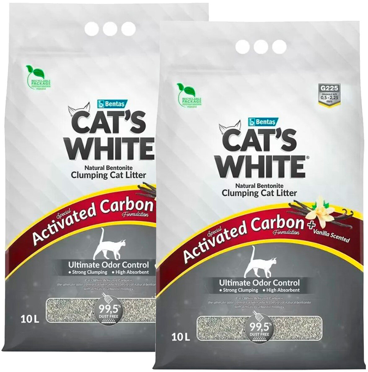 CAT'S WHITE ACTIVATED CARBON VANILLA наполнит комку для туалета кошек с актив углем и аромат ванили 10 + 10 л