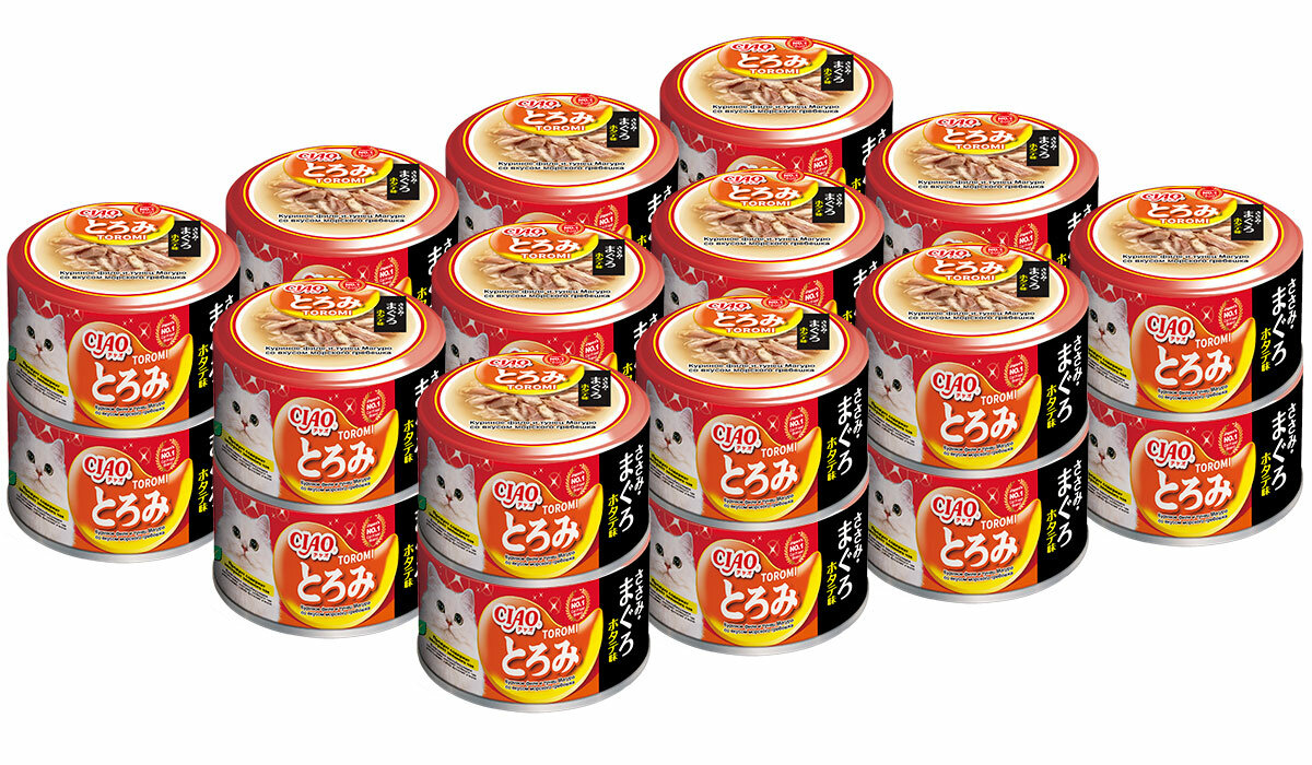 INABA CIAO TOROMI для взрослых кошек с мраморной вырезкой желтоперого тунца, гребешком и парной курицей (80 гр х 24 шт)