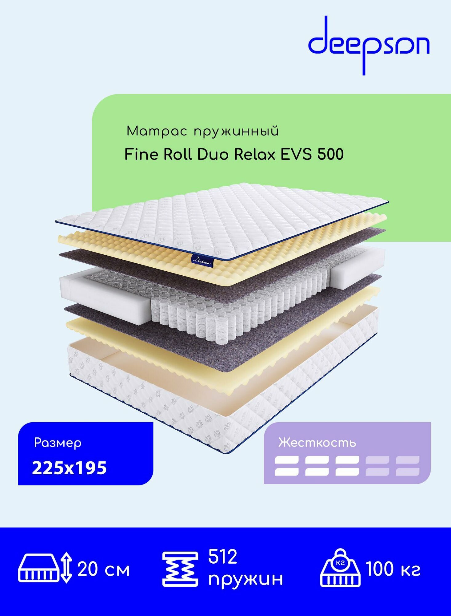 Матрас 225x195 ортопедический независимые пружины Deepson Fine Roll Duo Relax EVS 500