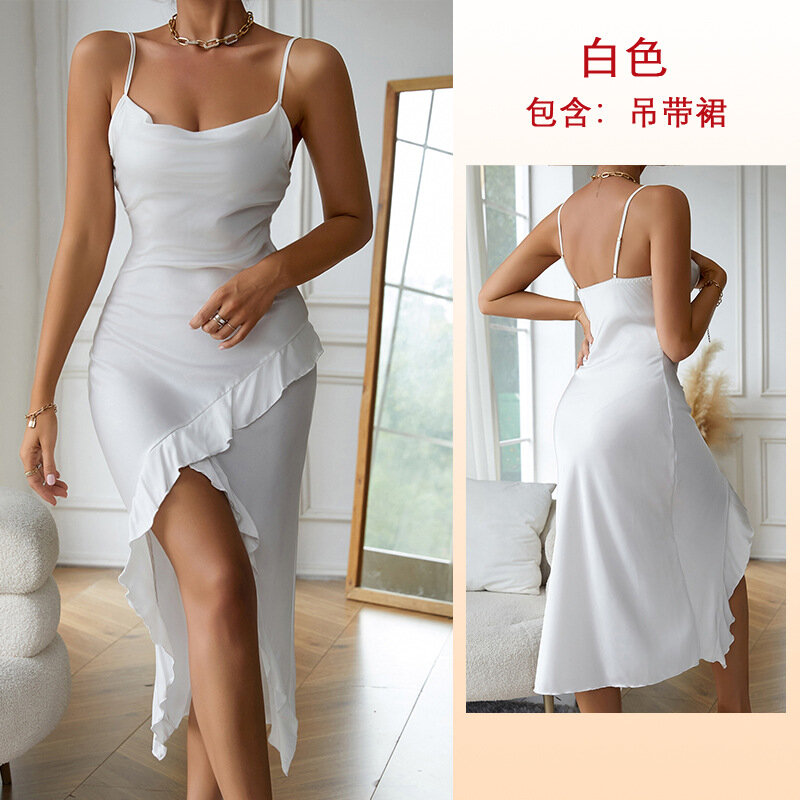 Новая ночная рубашка на подтяжках, сексуальная и очаровательная пижама с откидным воротником и разрезом на подоле, домашняя одежда 635