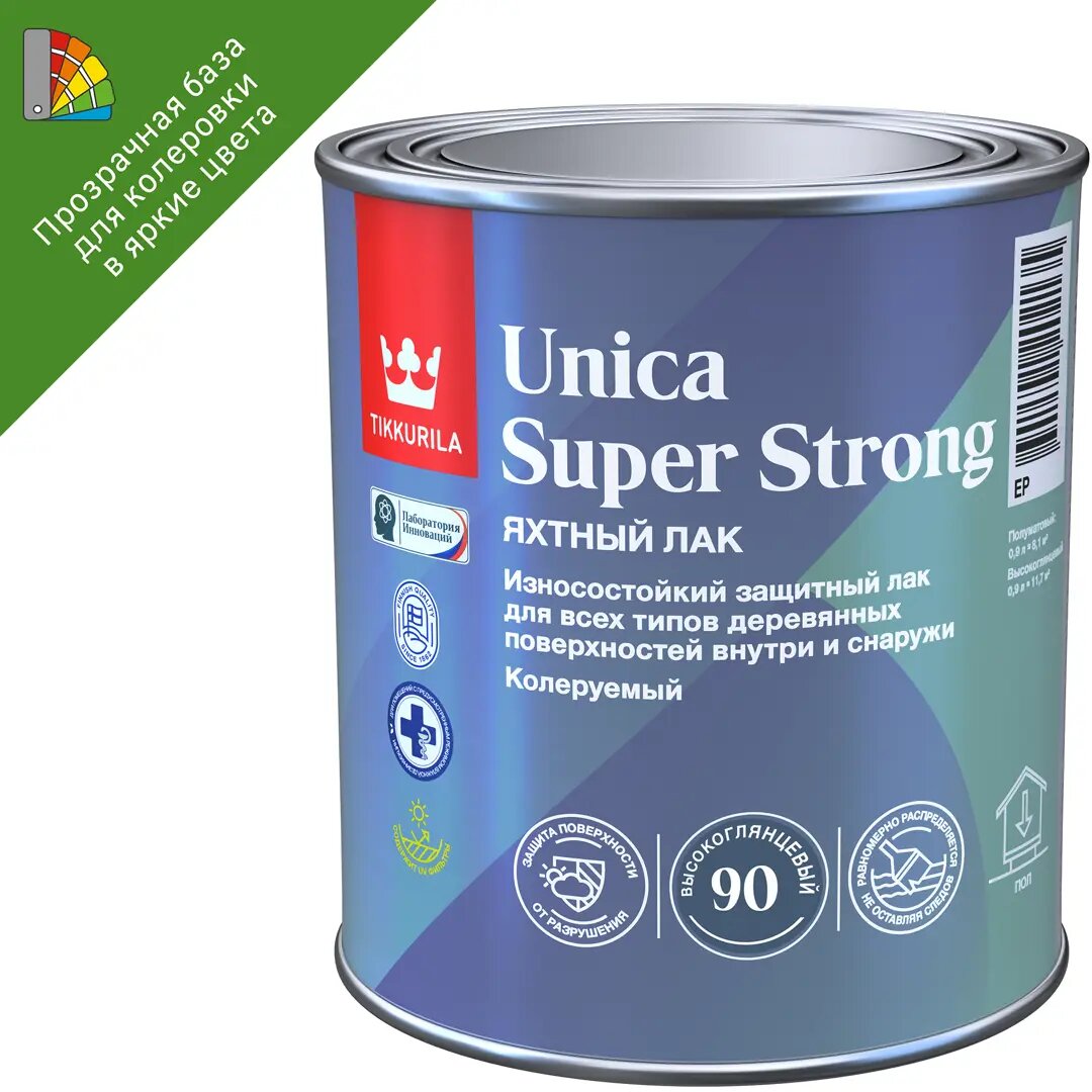 Лак яхтный Tikkurila Unica Super Strong База ЕР бесцветный высокоглянцевый 0.9 л