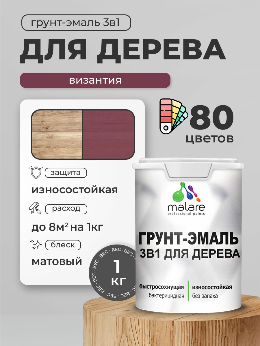 Акриловая Грунт-Эмаль 3 в 1 Malare для деревянных поверхностей/ краска по дереву с антисептическим эффектом/ быстросохнущая моющаяся без запаха матовая, византия, 1 кг