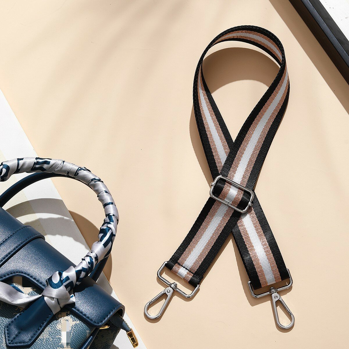 Плечевой ремень для сумки, черный, коричневый, серебристый, длина 3,8 см