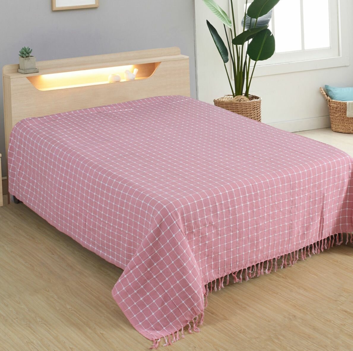 Shekhor Покрывало Прия Премиум хлопковое с бахромой Индия розовое SGF-003 225х250 см