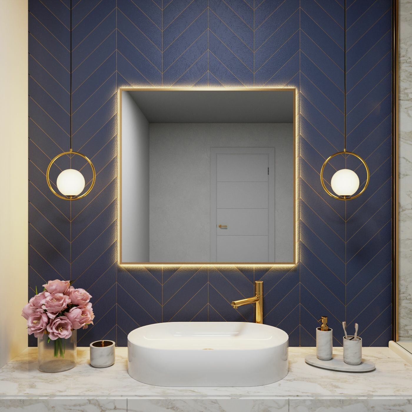 Зеркало настенное 80х80 см. BLX MIRROR с подсветкой в ванную в алюминиевой раме. Свет: Теплый белый 3000К, Золото