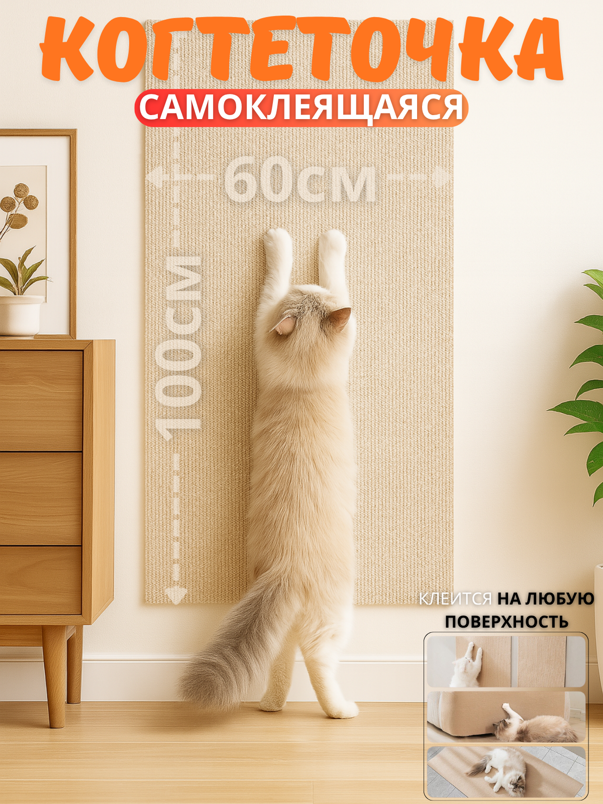 Когтеточка для кошек, самоклеящаяся, настенная, 100x60 см, бежевая